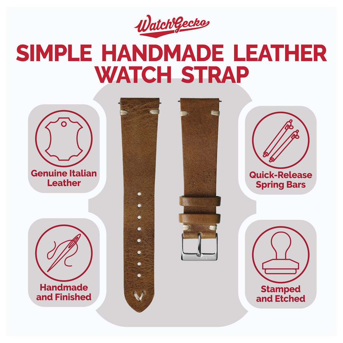 Simple Handmade Italian Leather Watch Strap - Light Brown | WatchGecko
