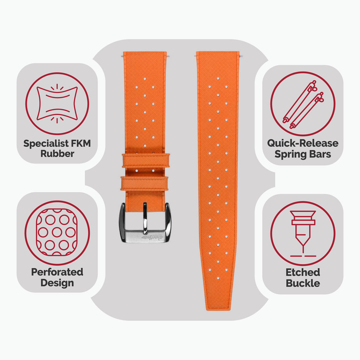 Vintage Style Perforated Rubber Watch Strap - Orange | WatchGecko