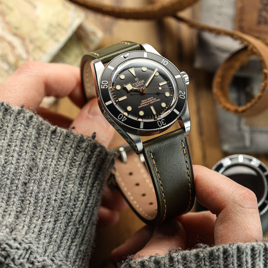 Brixham Flat Leather Watch Strap - Classic Patina Green | WatchGecko