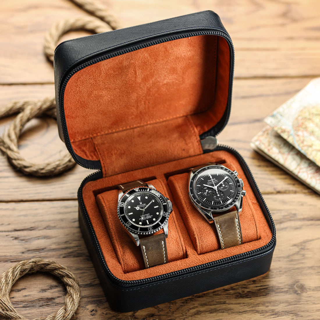 WatchGecko Leather Dual Zipped Watch Travel Case - Navy Blue | WatchGecko