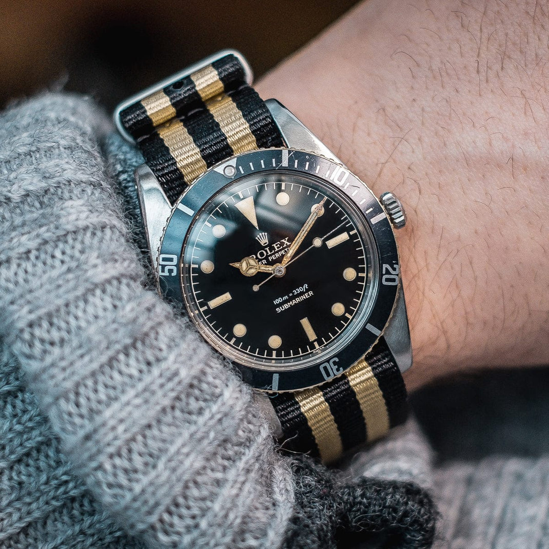 The Vintage Watch Company Military Watch Strap - Black & Gold / Gold ...