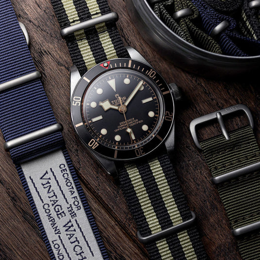 The Vintage Watch Company Military Watch Strap - Black & Gold / Gold ...
