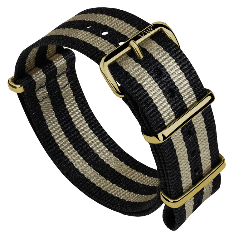 The Vintage Watch Company Military Watch Strap - Black & Gold / Gold ...